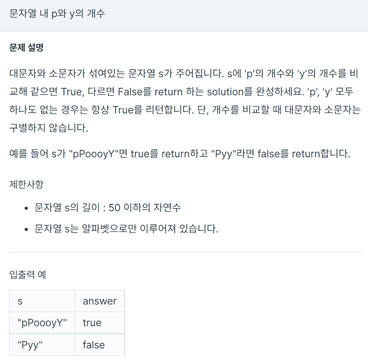 프로그래머스 코딩테스트 문자열 내 P와 Y의 개수 Java