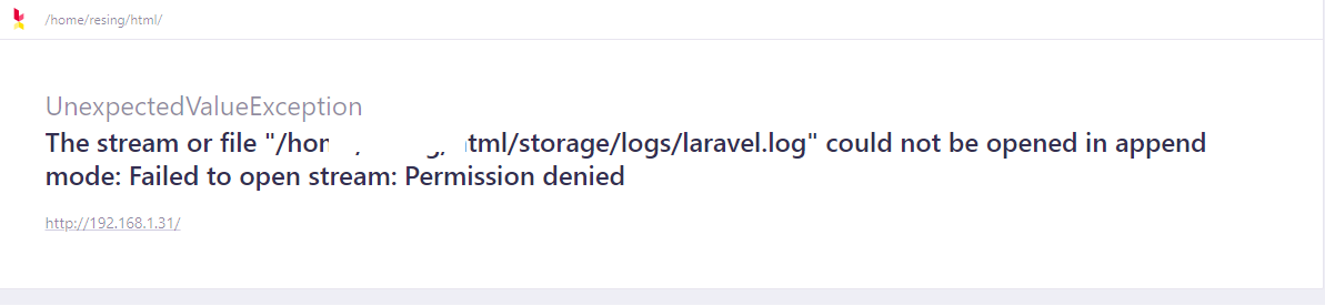 laravel.log" could not be opened in append mode: Failed to open stream: Permission denied