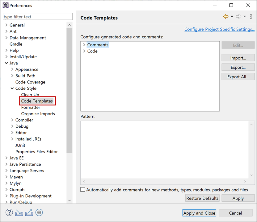 이클립스 주석(코드 템플릿) 설정 및 태스크 태그 설정 - Eclipse Code Templates, Task Tag Setting