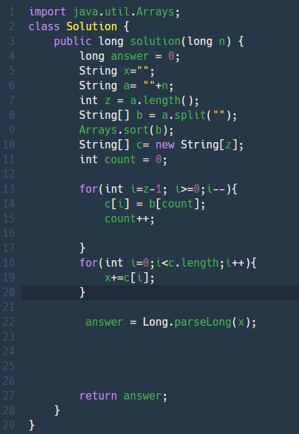 코딩 테스트 정수 내림차순으로 배치하기 프로그래머스java