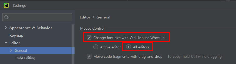 파이참(Pycharm)에서 글자 크기 확대 설정하기(Ctrl+Mouse Wheel)