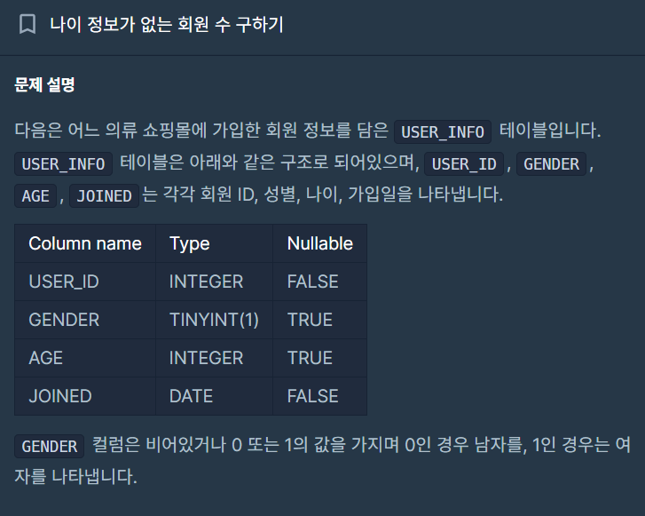 [Lv.1] MySQL 나이 정보가 없는 회원 수 구하기