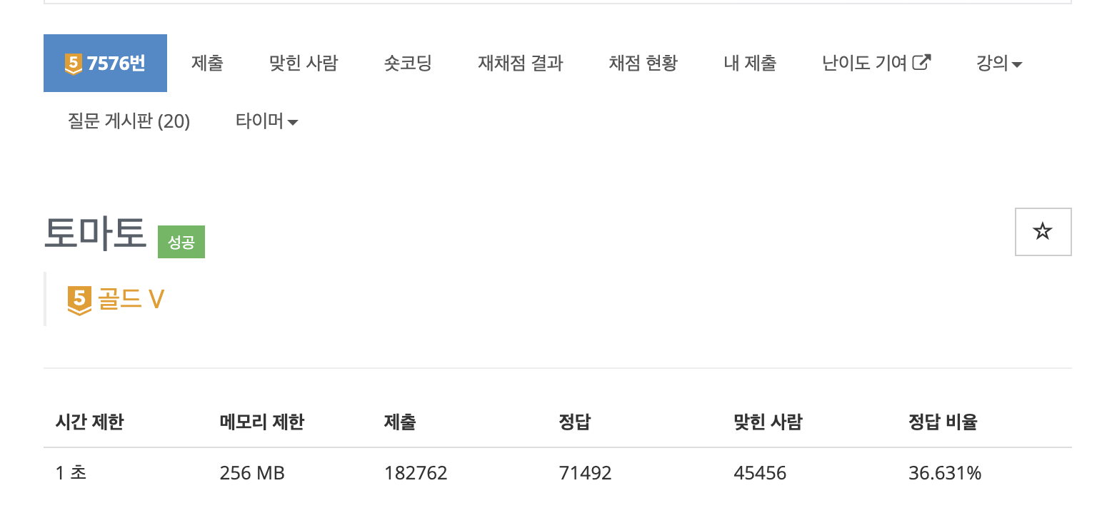 [BOJ] 7576 : 토마토 [G5]
