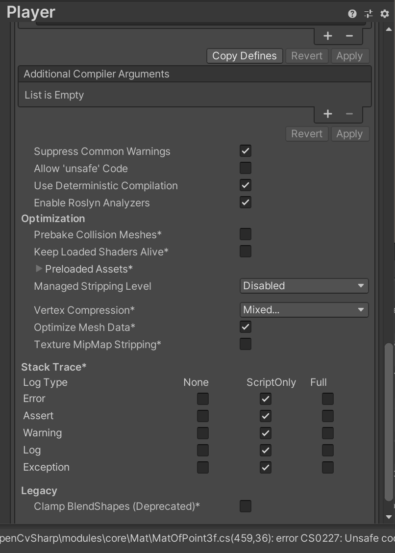 유니티 unsafe code allow 하기