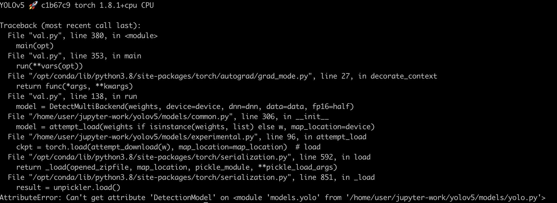 Yolov5 오류 Can T Get Attribute Detectionmodel On