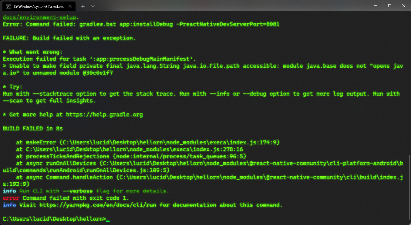 윈도우에서 React Native JDK오류 Execution failed for task ':app:processDebugMainManifest'.