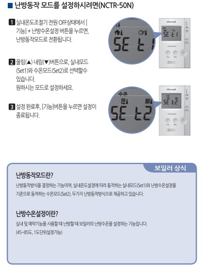 귀뚜라미보일러 사용설명서 - 저녹스AST 가스보일러(NCTR-50N) 실내온도조절기(난방, 온도, 온수, 목욕, 외출, 예약) 사용방법, 설정방법
