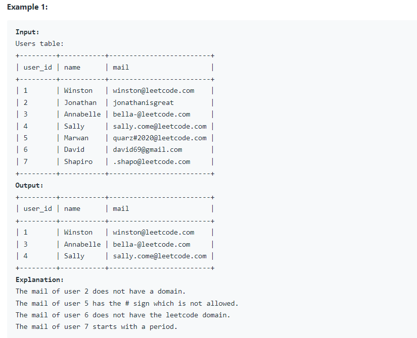 Leetcode 1517 Find Users With Valid E Mails Mysql Easy Substringindex Regex정규표현식