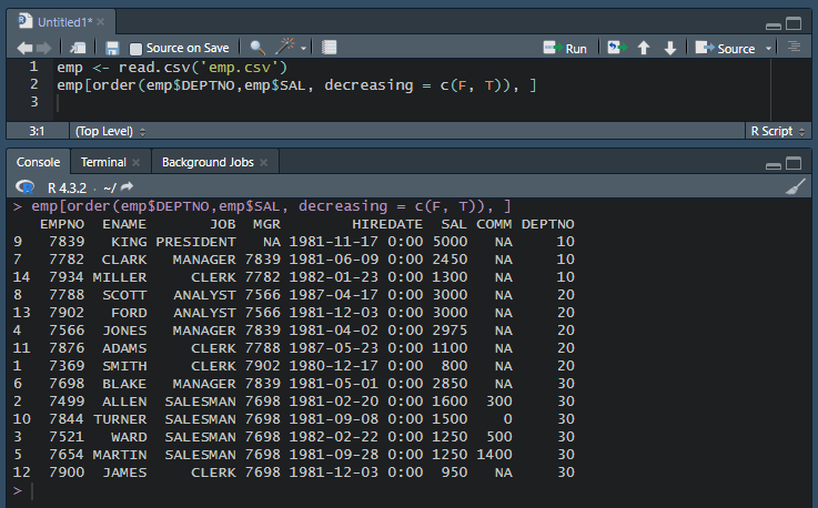 [복습] R(programming language)에서의 정렬(order, sort, orderBy, arrange)