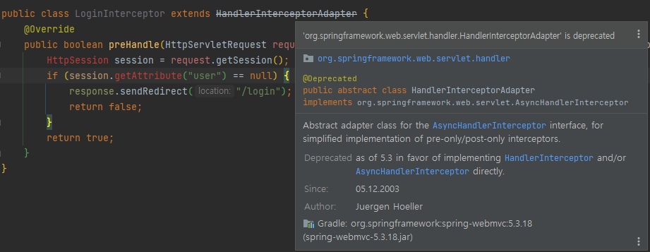 'org.springframework.web.servlet.handler.HandlerInterceptorAdapter' is deprecated