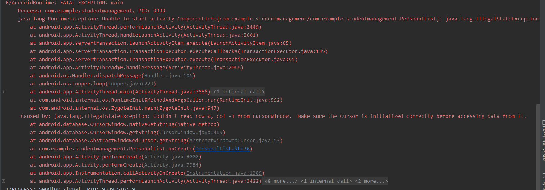 [error]Android SQLite Error : java.lang.IllegalStateException: Couldn't read row 0, col -1 from ...