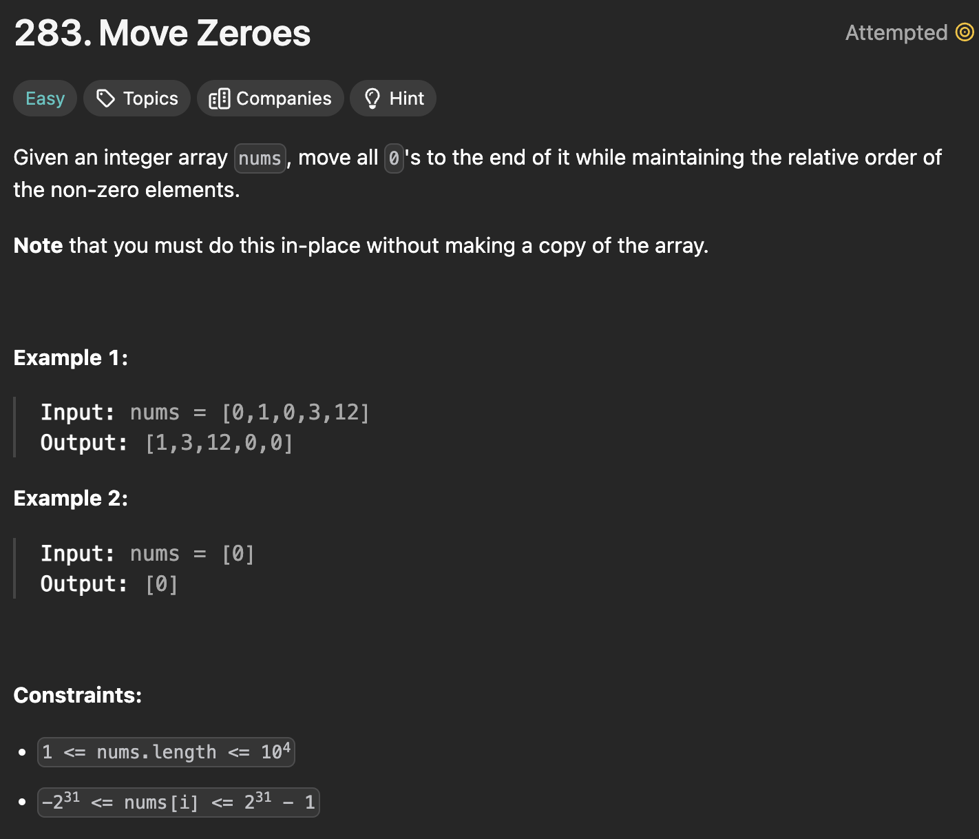 [Leetcode/Two Pointer] 283. Move Zeroes