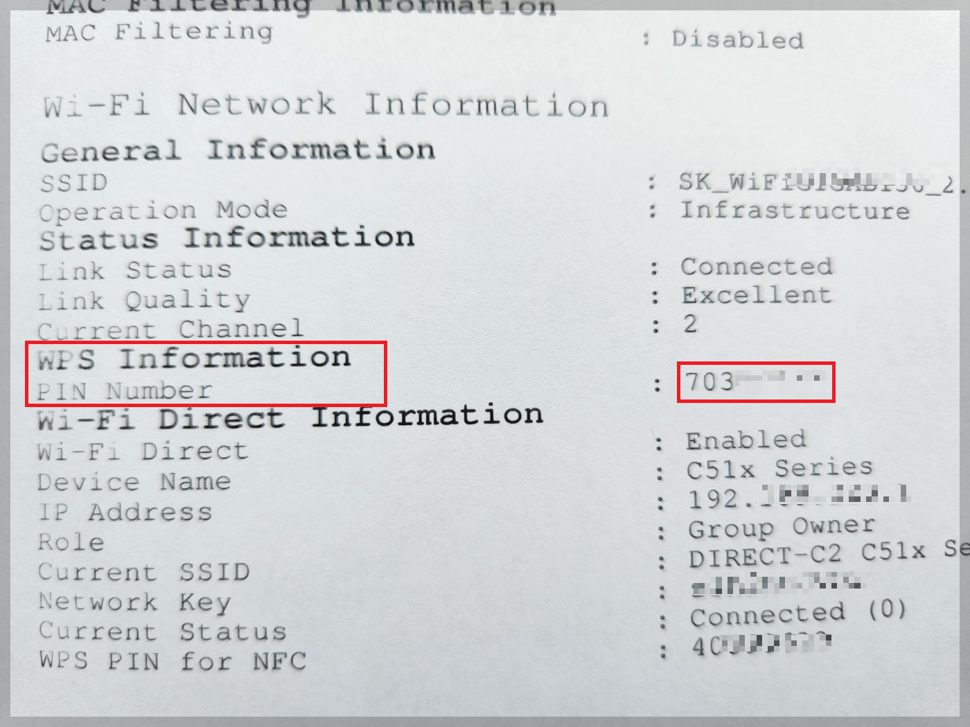 삼성프린터 C51x WPS Pin 번호 확인 방법