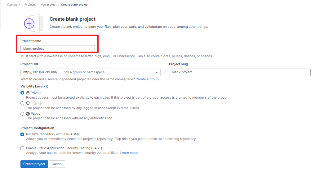 Gitlab 프로젝트 생성하기 (blank project)