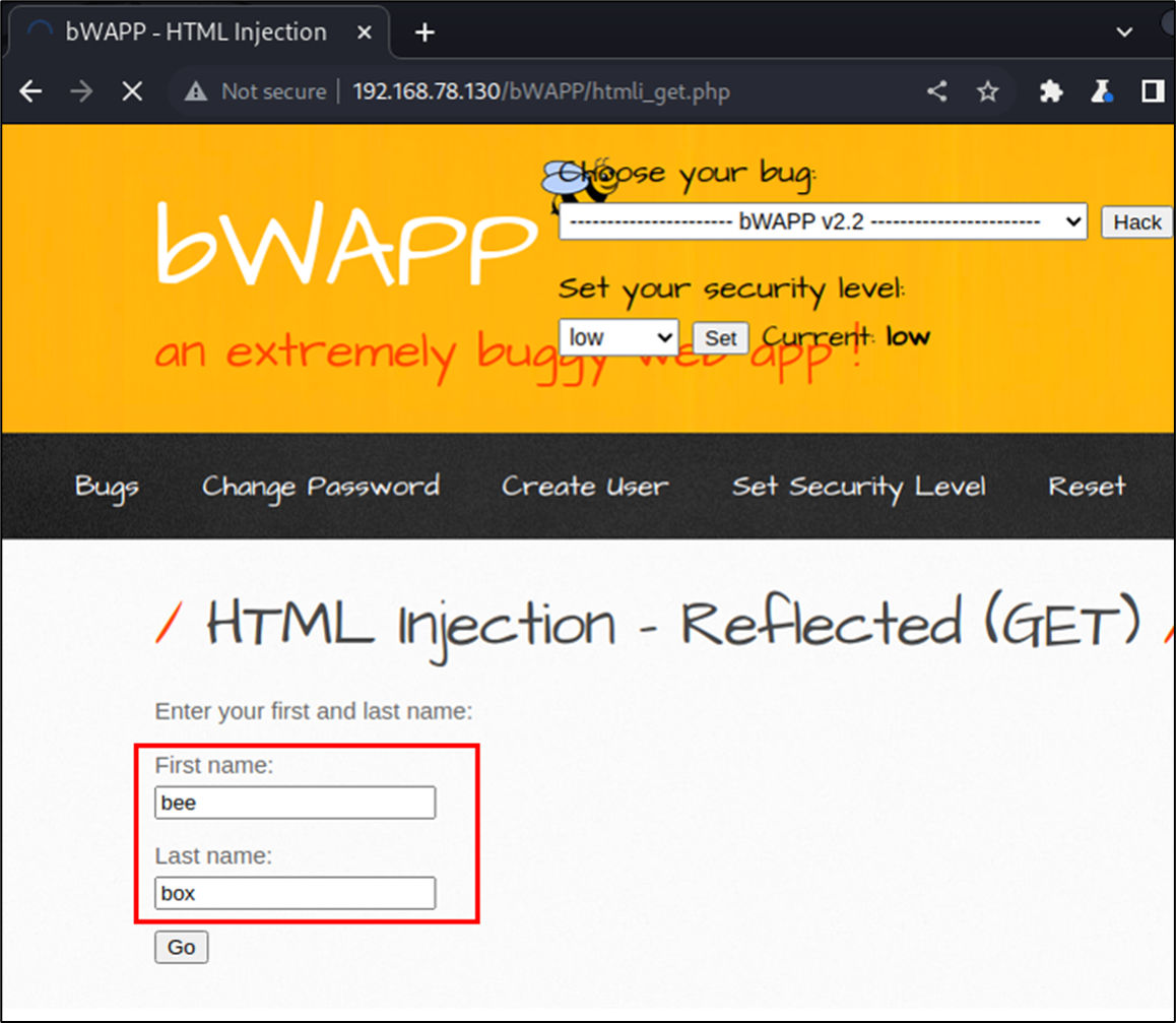 [bWAPP-Low] HTML Injection - Reflected (GET)