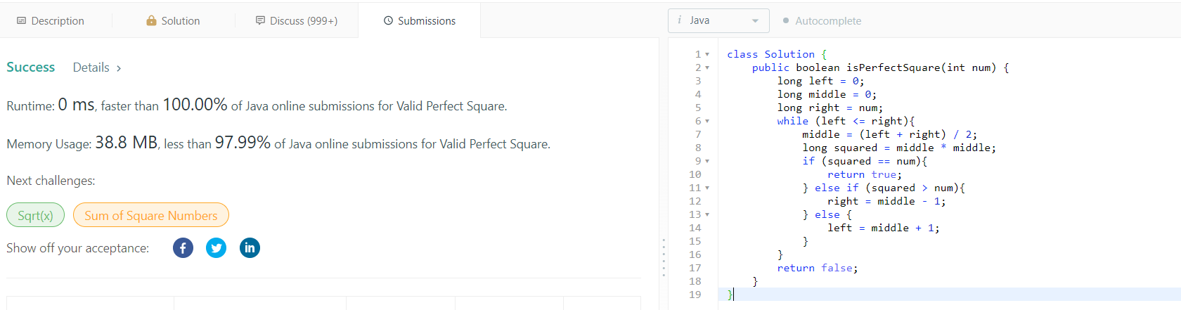 LeetCode 367. Valid Perfect Square