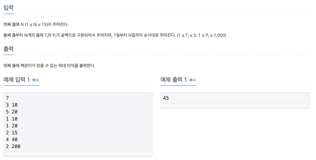[Java] 백준 14501번 : 퇴사