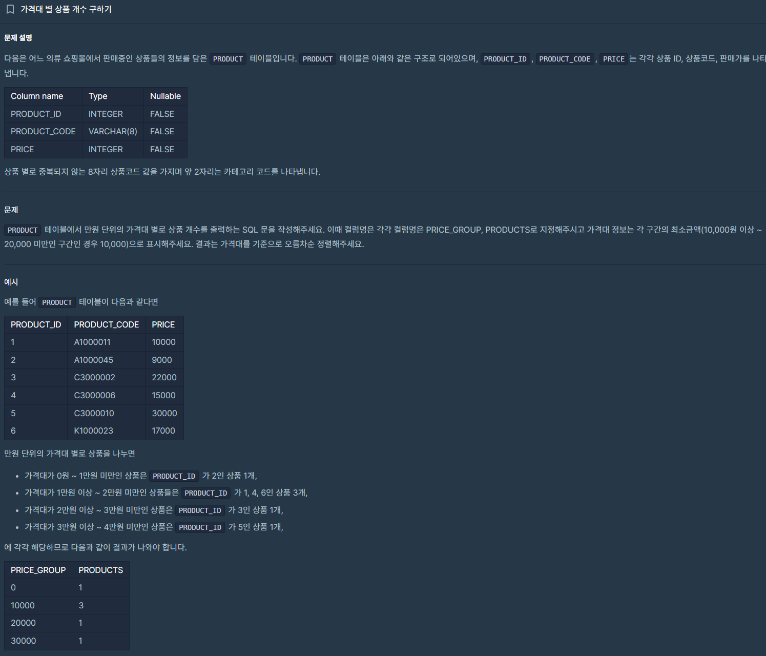 Sql 가격대 별 상품 개수 구하기