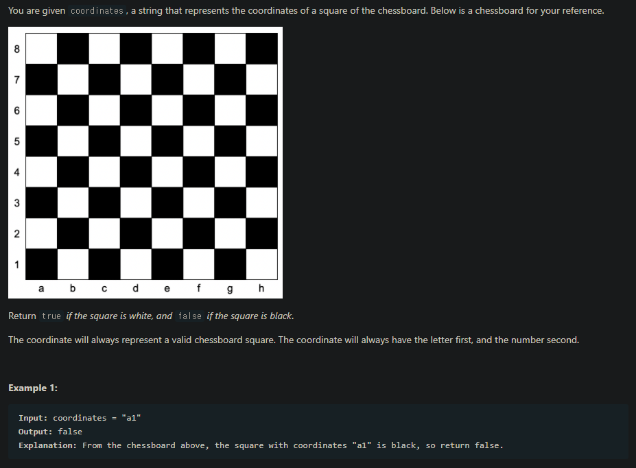 [LeetCode] 1812. Determine Color of a Chessboard Square :: 개발하다 끄적끄적