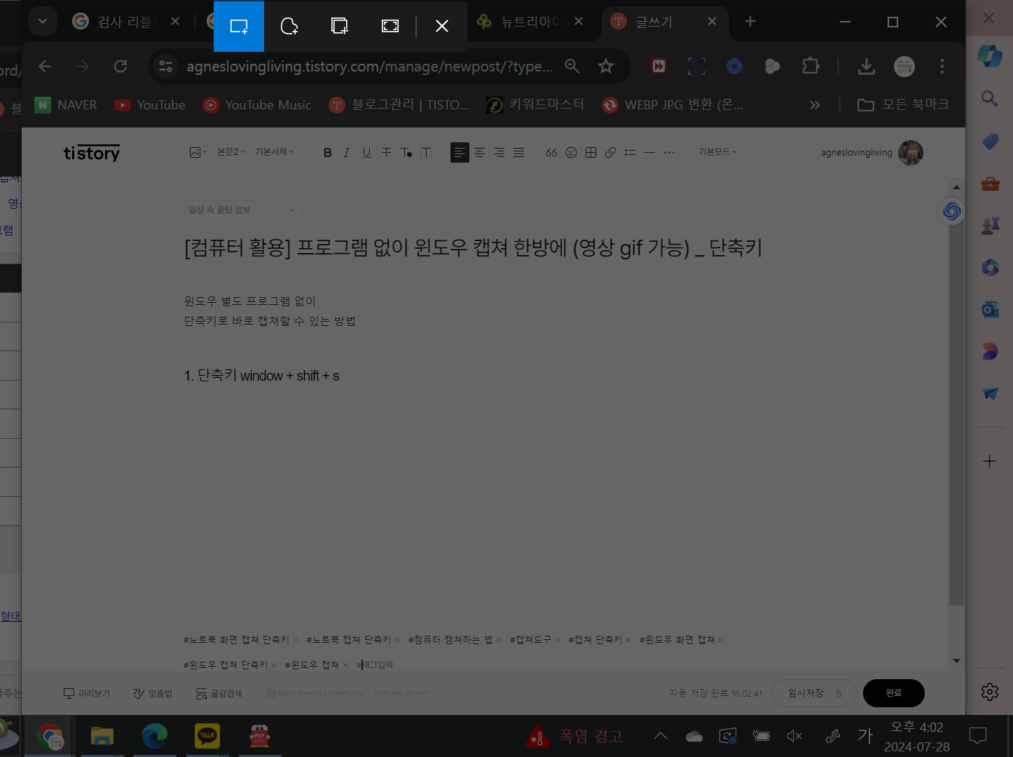 [컴퓨터 활용] 프로그램 없이 윈도우 캡쳐 한방에 (영상 gif 가능) _ 단축키