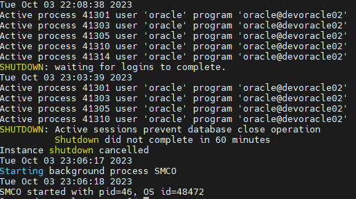[Oracle] database shutdown hang ( ora-01013: user requested cancel of current )