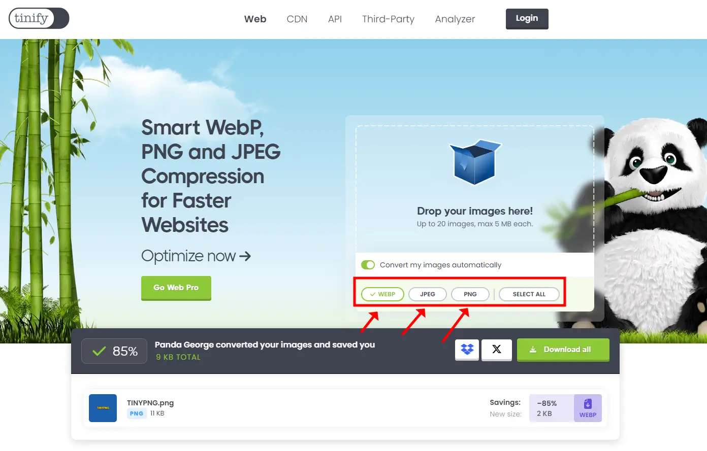 TINYPNG 사진 이미지 WebP, PNG 및 JPEG 압축 최적화