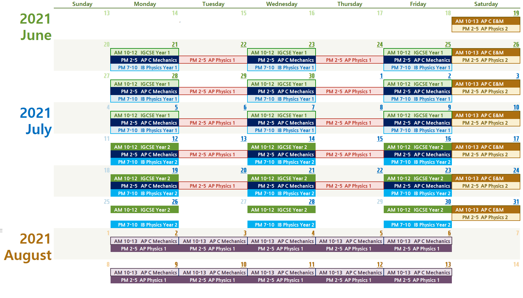 2021 MSPREP 여름방학 시간표