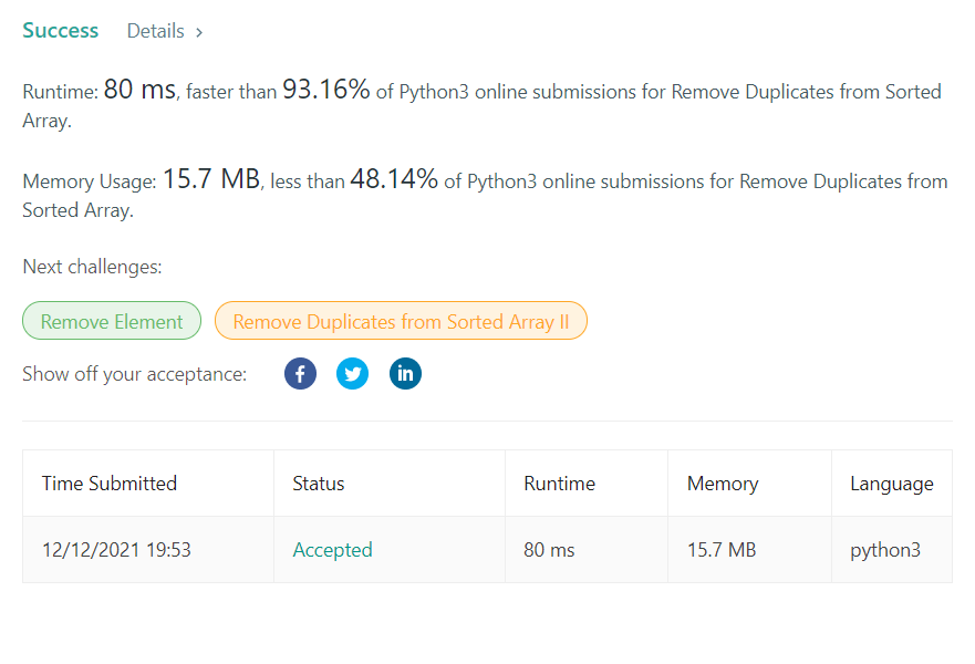 Leetcode 26. Remove Duplicates from Sorted Array