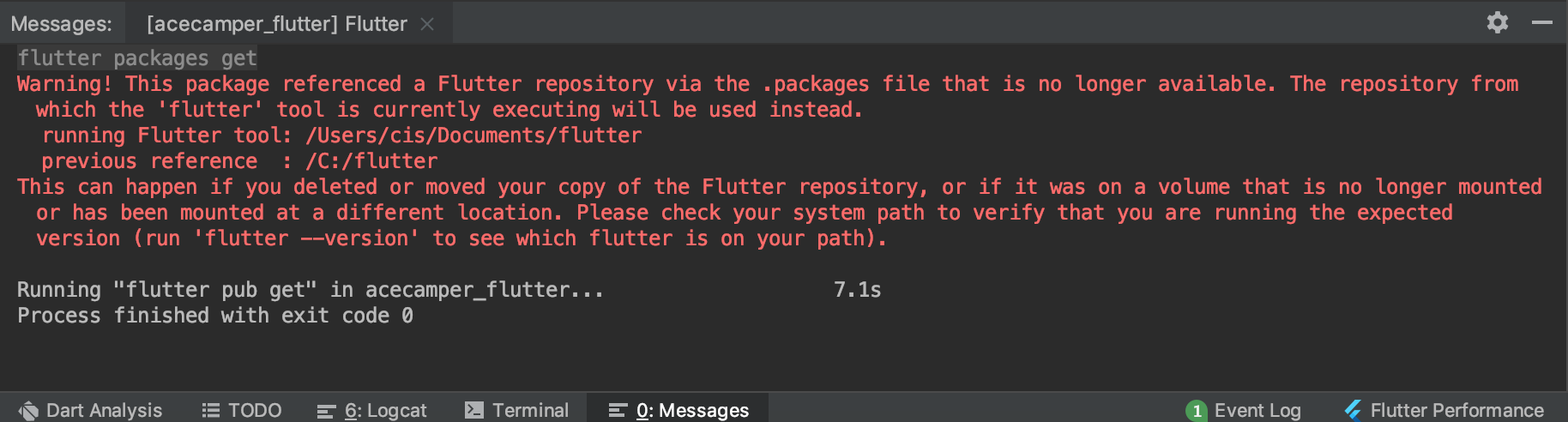 [flutter] Target of URI doesn't exist 'package:flutter/material.dart ...