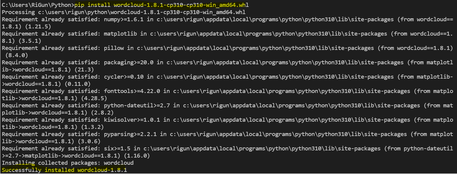 [Python] pip install wordcloud whl 파일 설치 에러 ( ... is not a supported ...