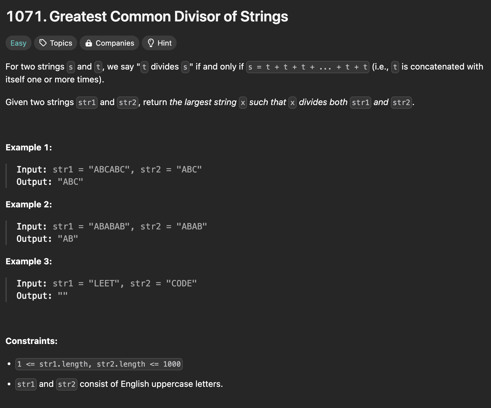 Java Leetcode 1071 Greatest Common Divisor Of Strings