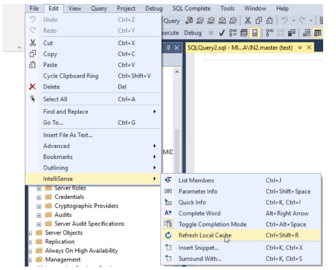 SQL Server IntelliSense 자동 완성 refresh 새로고침 방법