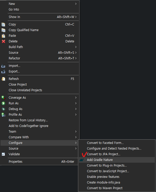 [eclipse] 이클립스 refresh gradle project 안 보일때 해결방법