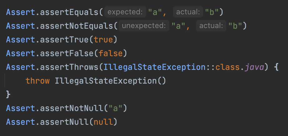 Kotlin에서 사용할 수 있는 JUnit assert 종류 알아보기 : assertEquals, assertTrue ...