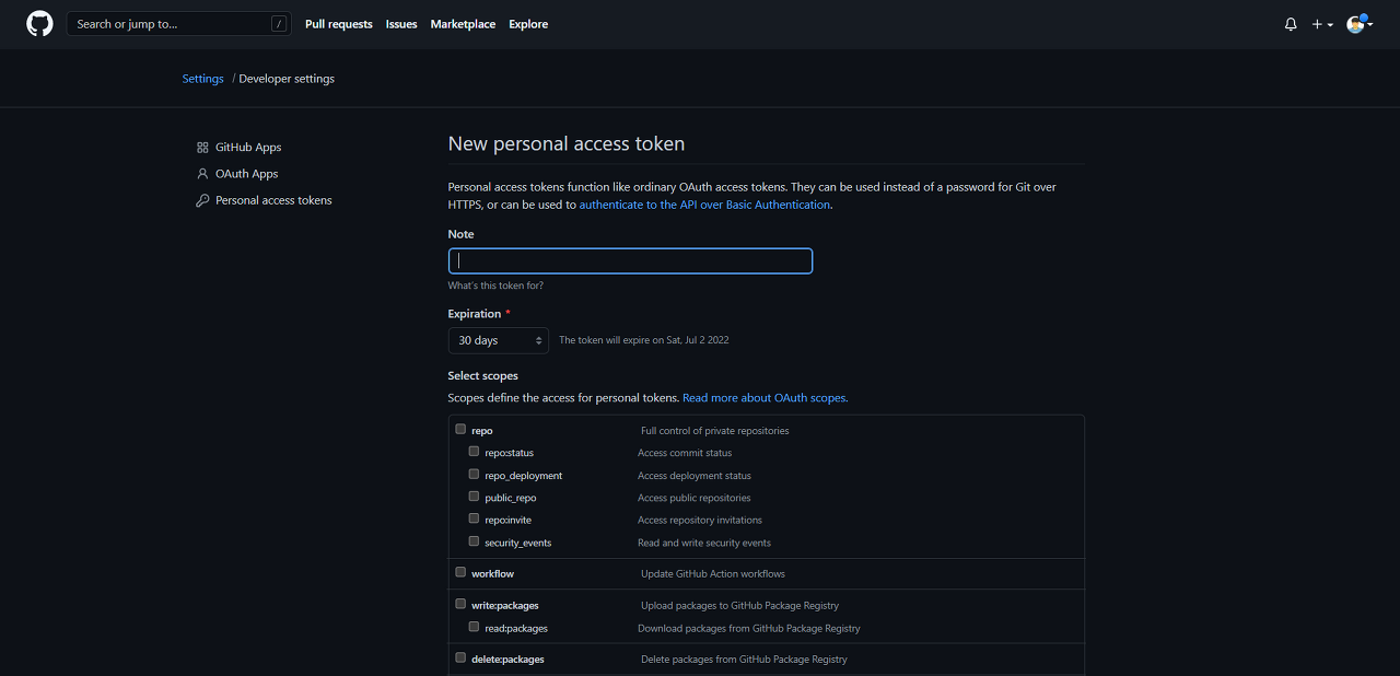 Github 토큰 생성