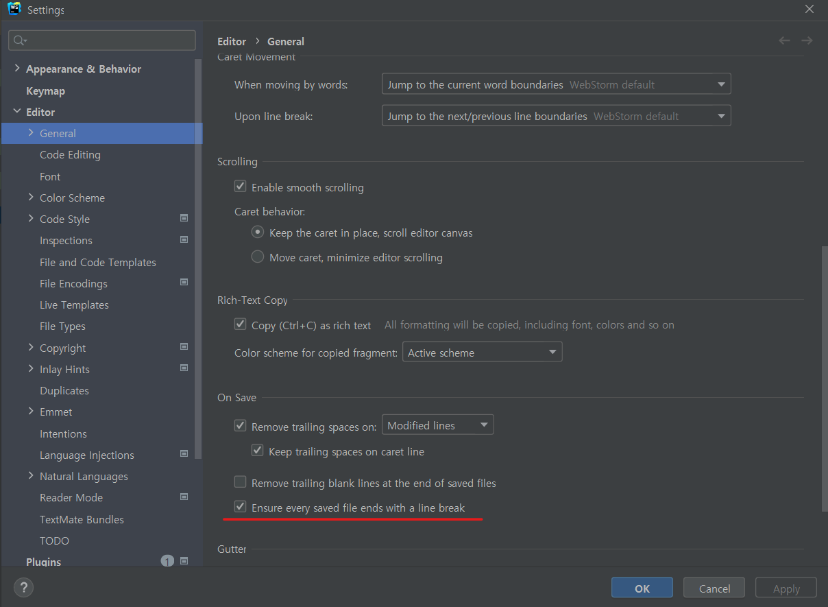 [WebStorm] ESLint: Insert `⏎` (prettier/prettier) error 해결
