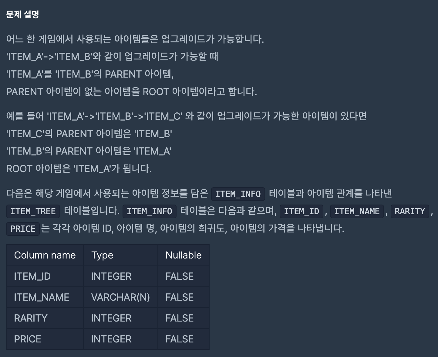 [SQL] 프로그래머스 - IS NULL / ROOT 아이템 구하기
