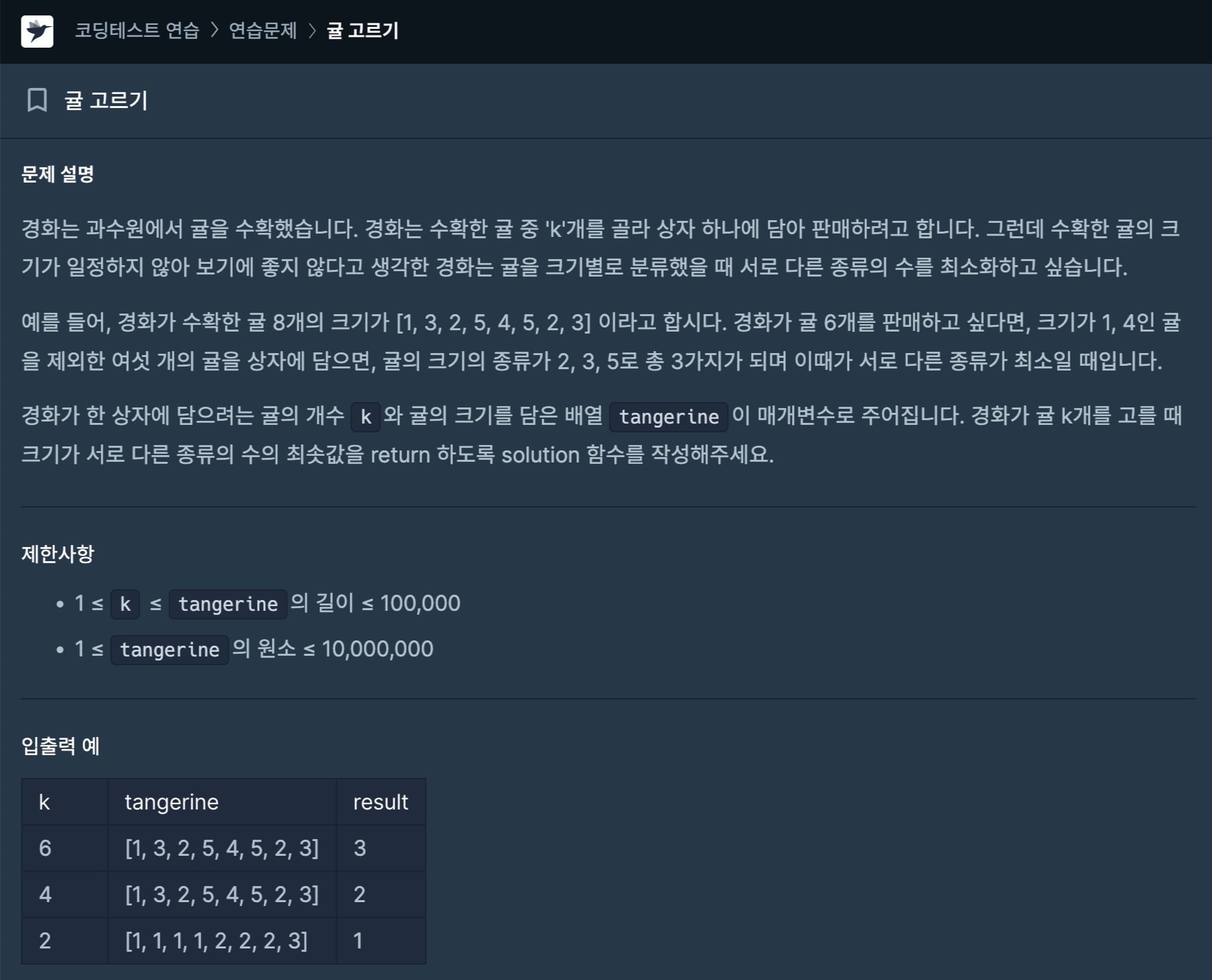 [Java] 프로그래머스_138476 : 귤 고르기