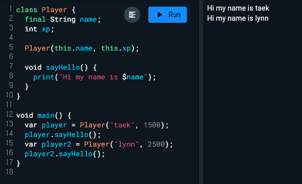 Dart Classes(클래스) - Class, Constructors — 개발 노트