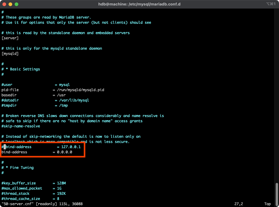 [MariaDB] 원격접속 bind-address 설정