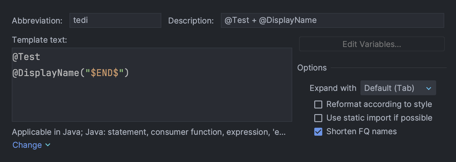 IntelliJ Live Templates(단축어) 생성 방법