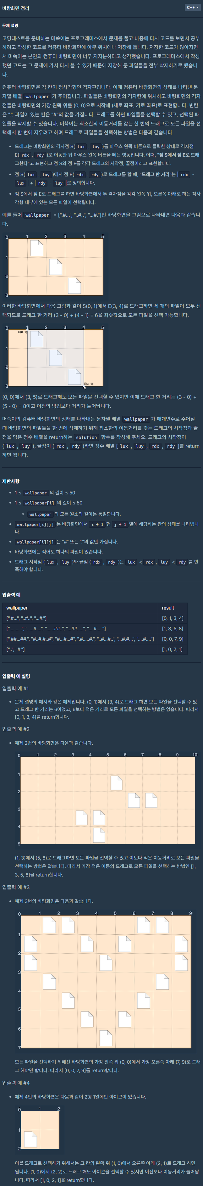 [Programmers] 프로그래머스 Lv.1 바탕화면 정리 문제풀이(C++)
