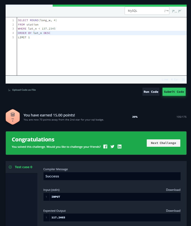 [HackerRank / MySQL] Weather Observation Station 15 :: 개발 공부기록
