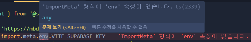 Vite import.meta TS Error : ImportMeta 형식에 env 속성이 없습니다. Vite import.meta TS Error : ImportMeta 형식에 env 속성이 없습니다.