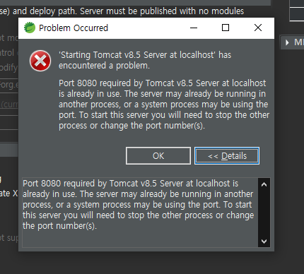 [Tomcat] 'Starting Tomcat'Starting Tomcat v8.5 Server at localhost' has encountered a problem. 에러