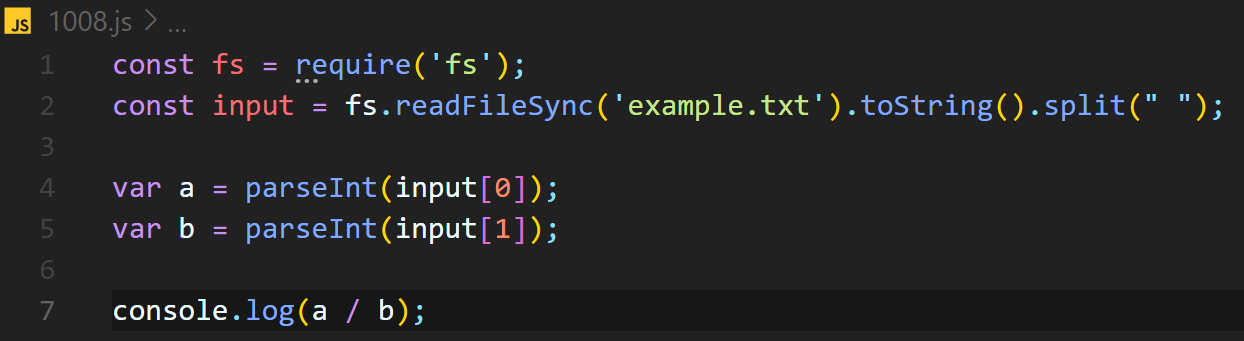 [백준] javascript 1008 A / B