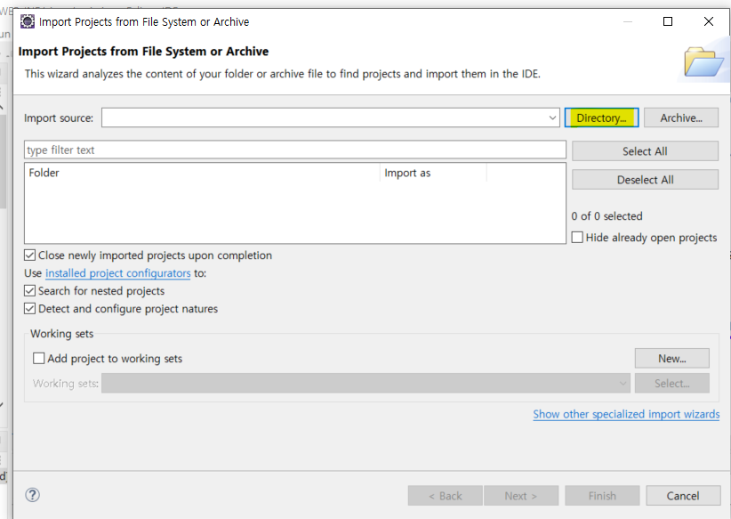 [Eclipse error] import 에러 : No projects are found to import