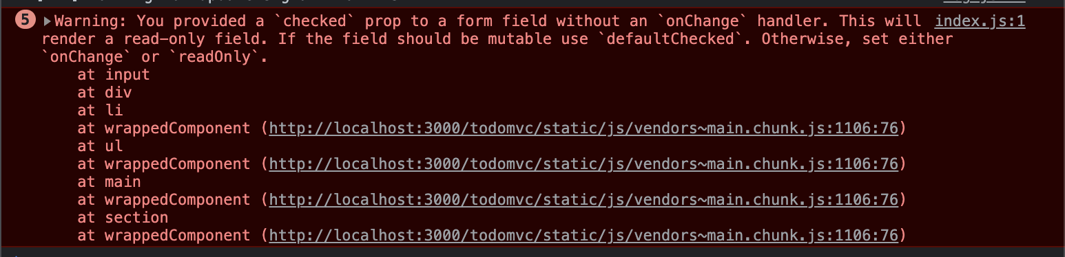 [Error] Warning: You provided a `checked` prop to a form field without an `onChange` handler ...